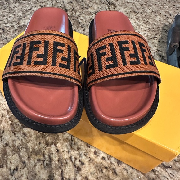 Fendi | Shoes | Fendi Black And Brown Logo Slides | Poshmark